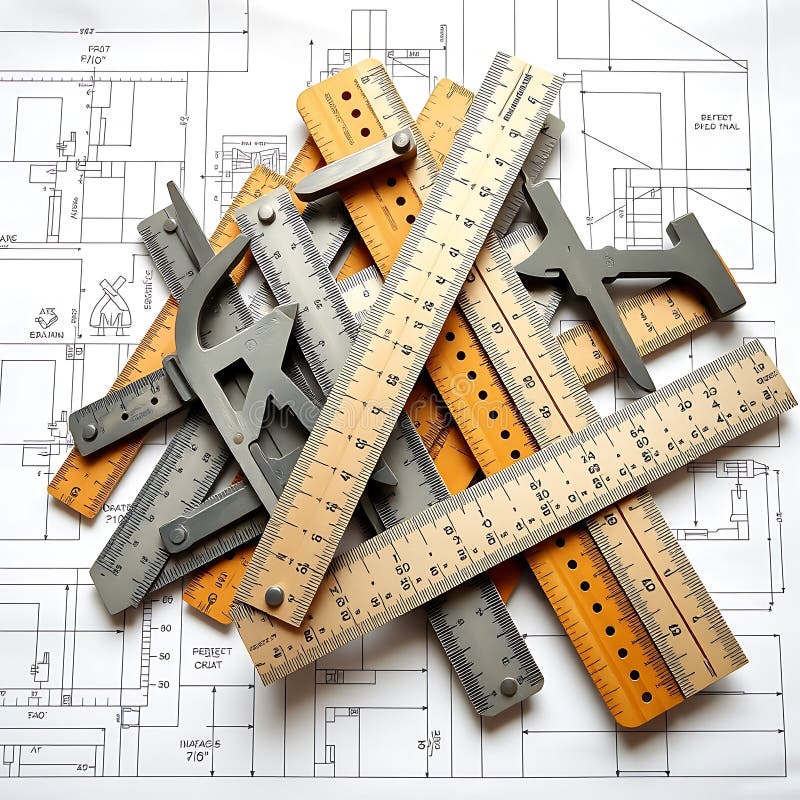 A Pile of Drafting Tools Including Rulers T Squares and Set Squares ...