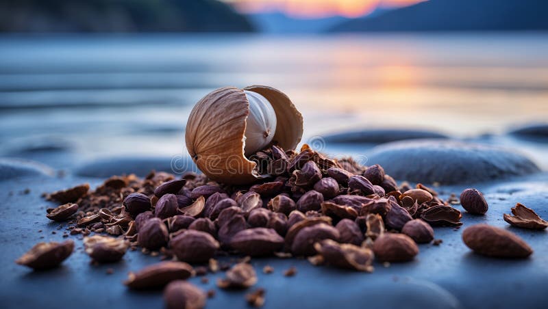 Cracked Pecan Shell with Scattered Kernels on Beach at Sunset Stock ...