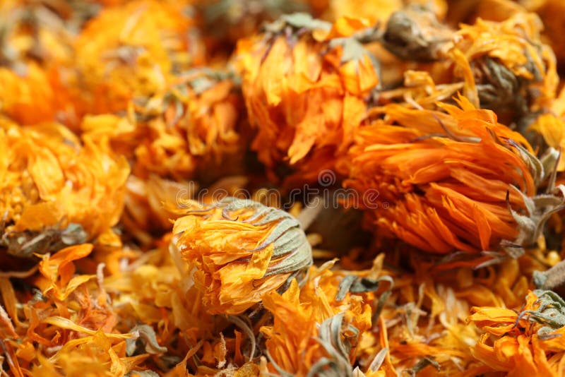 Pile of Dry Calendula Flowers As Background, Closeup Stock Photo ...