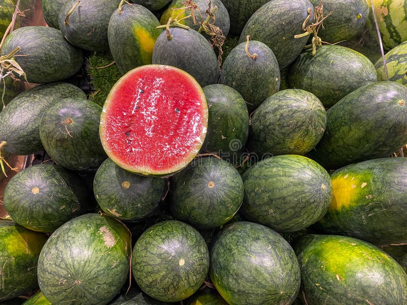 Pile of Eclipse Shaped Red Watermelon at Fruit Store Stock Image ...