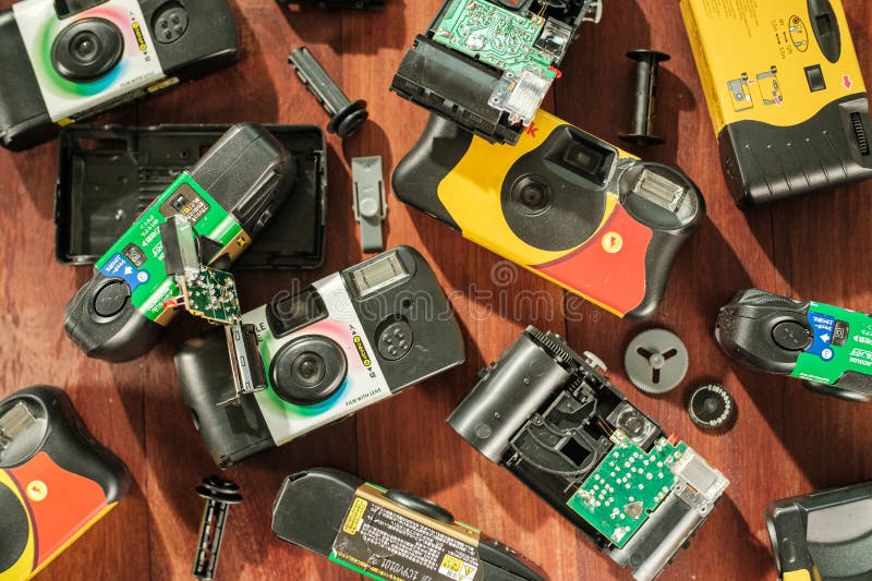 Pile of Electronic Waste from Disassembled Disposable Camera Editorial ...
