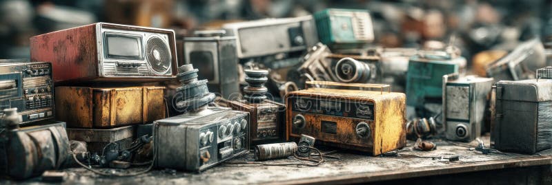 Pile of Electronic Waste and Old Gadgets in a Gritty Industrial Setting ...