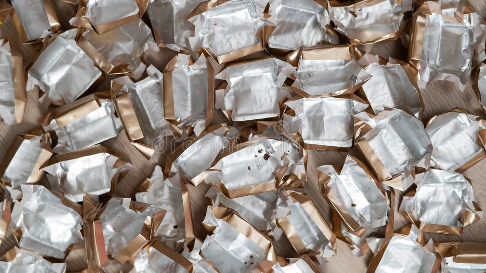 Pile of Empty Silver-gold Candy Wrappers. Top View. Stock Image - Image ...