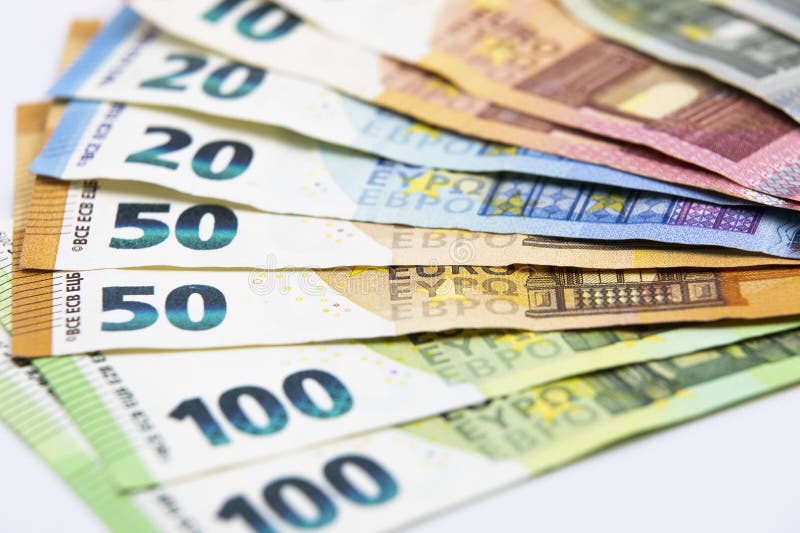 Pile of Euro Banknotes of 100, 50, 20, 10 and 5 Euros. White Background ...