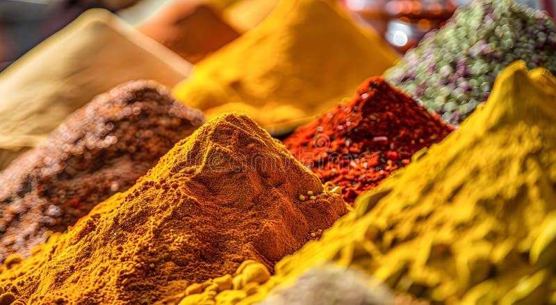 Pile of Exotic Spices on Market Counter Stock Photo - Image of exotic ...