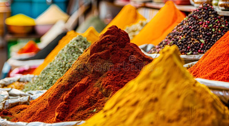 Pile of Exotic Spices on Market Counter Stock Photo - Image of grain ...
