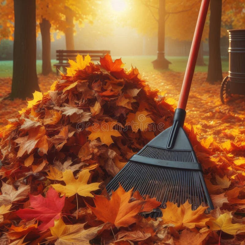 Pile of Fall Leaves with a Fan Rake on the Lawn during Autumn Stock ...
