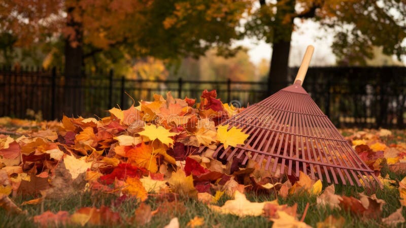 Pile of Fall Leaves with a Fan Rake on the Lawn during Autumn Stock ...