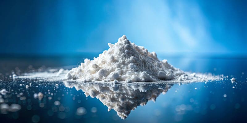 A Pile of Fine White Powder Sits on a Reflective Surface Against a Blue ...