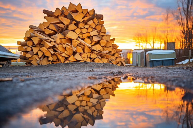 Pile of Firewood Reflecting Golden Sunset Stock Image - Image of ...