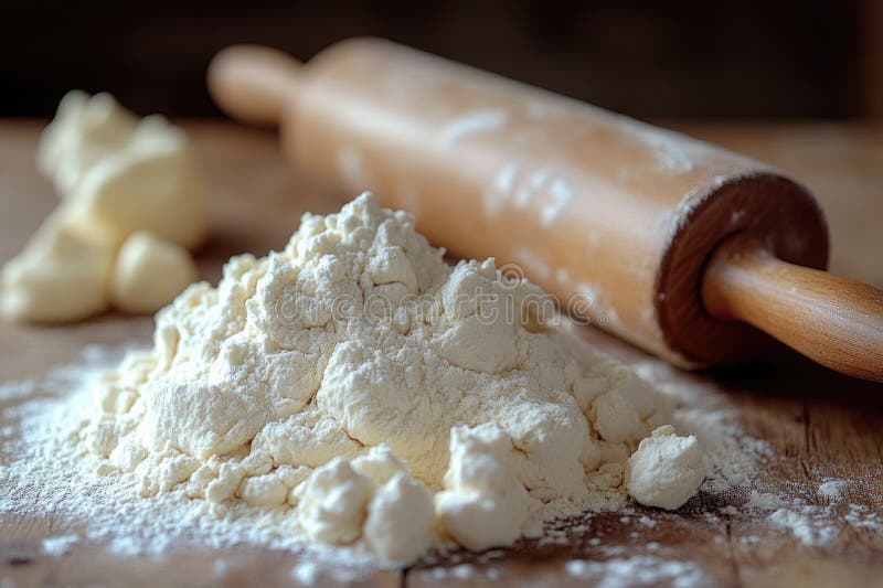A Pile of Flour Sits Next To a Rolling Pin, Ready for Baking Stock ...