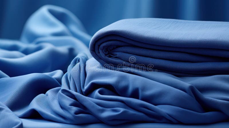 A Pile of Folded Blue Cloth on a Bed with Some Pillows, AI Stock Photo ...