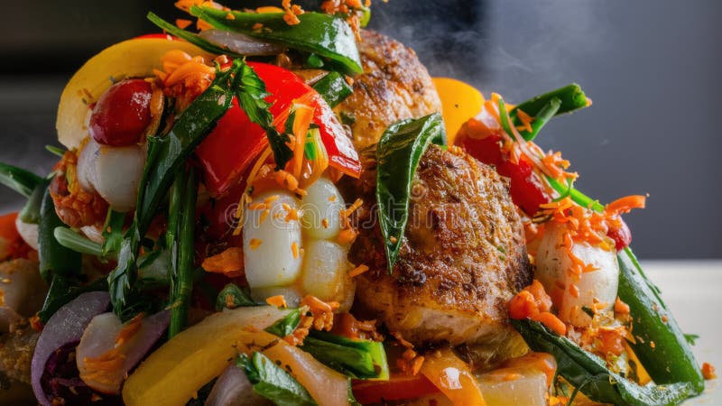 A Pile of Food with Vegetables and Meat on Top, AI Stock Image - Image ...