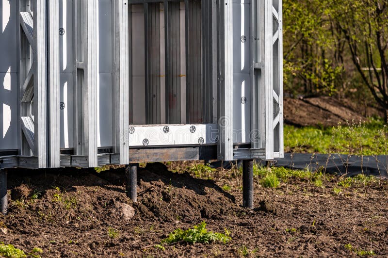 Pile Foundation. Pile Support of an Apartment Building. Modern Frame ...