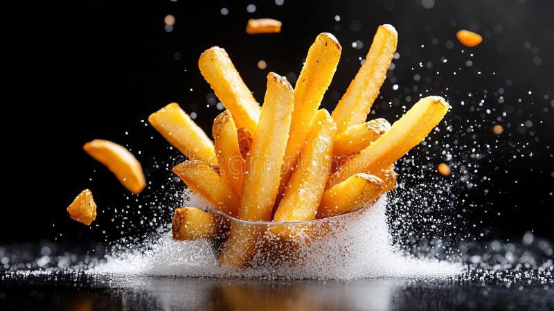 A Pile of French Fries Falling into a Bowl of Sugar Stock Photo - Image ...