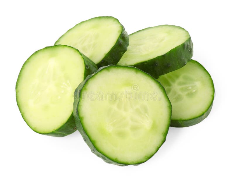 Pile of Fresh Cut Cucumber Slices Isolated on White Stock Image - Image ...