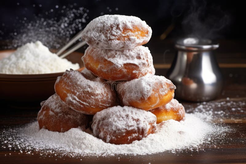 A Pile of Fresh, Fluffy Donuts with Powdered Sugar Stock Image - Image ...