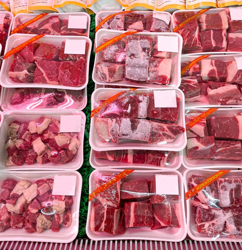 Pile of Fresh Red Meat Packed and Displayed on Supermarket Stock Photo ...