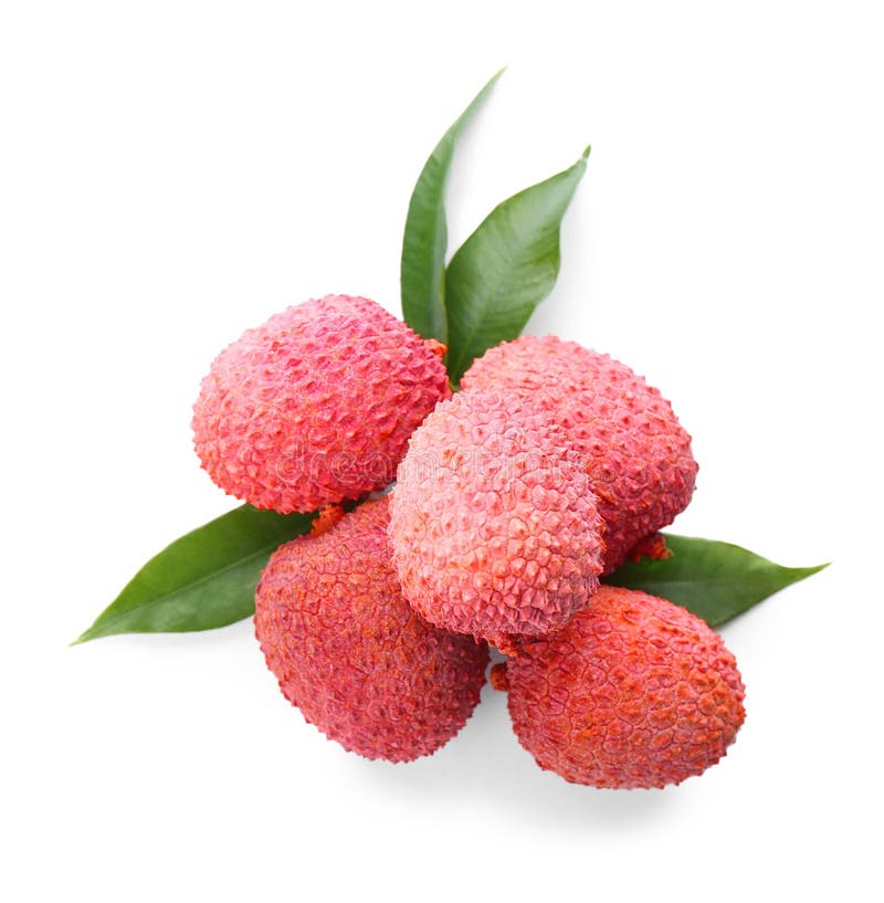 Pile of Fresh Ripe Lychees with Green Leaves on White Background, Top ...