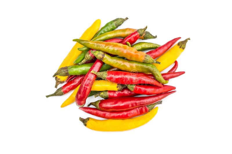 Pile of Fresh Small Chilli Peppers on White. Top View Stock Photo ...