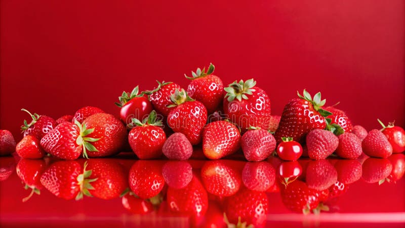 A Pile of Fresh Strawberries and Raspberries with Reflections on a Red ...