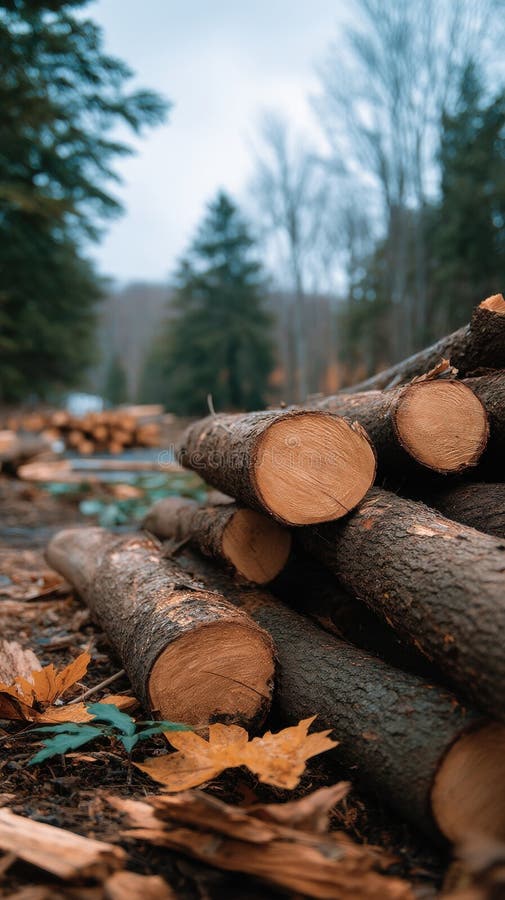 Pile of Freshly Cut Tree Trunks in a Forest Clearing, Scattered Leaves ...