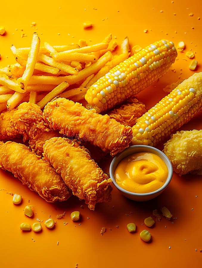 A Pile of Fried Chicken and French Fries with Corn on the Cob Stock ...