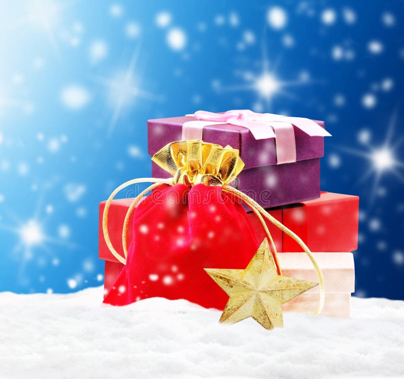 Winter Forest with a Large Pile of Gifts in the Snow. Christmas Card ...