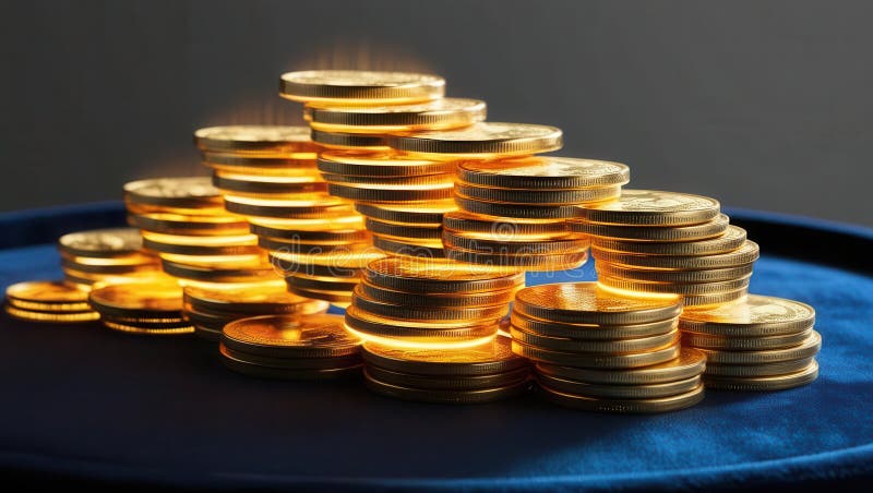 Pile of Glowing Gold Coins Slowly Rising and Stacking Higher with Stock ...
