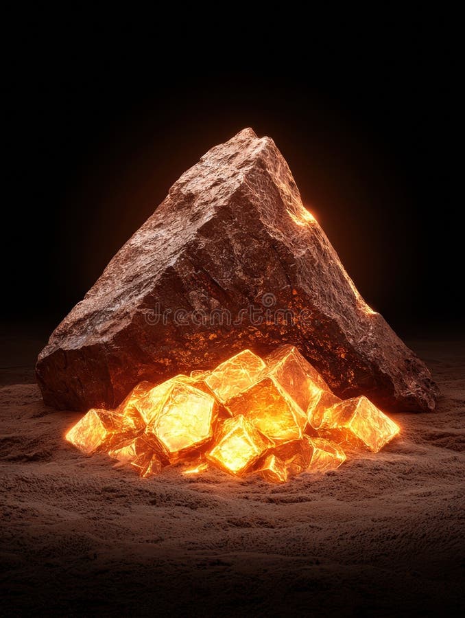A Pile of Glowing Gold Cubes Sits in Front of a Large Rock. Stock ...