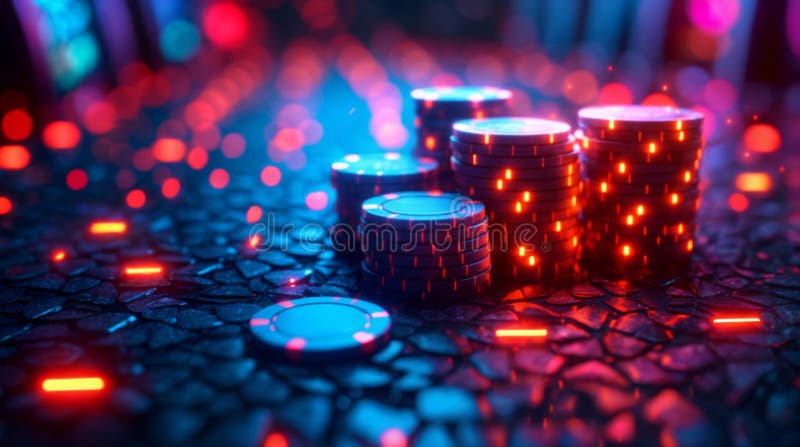 A Pile of Glowing Poker Chips on a Dark, Rocky Surface Stock ...
