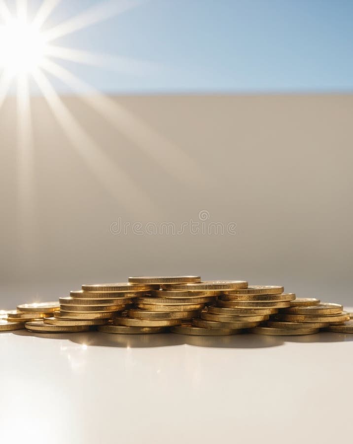 A Pile of Gold Coins with a Bright Sun Shining on Them. Stock Photo ...