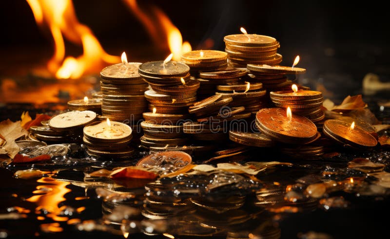 A Pile of Gold Coins on Fire. a Pile of Coins Sitting on Top of a Table ...