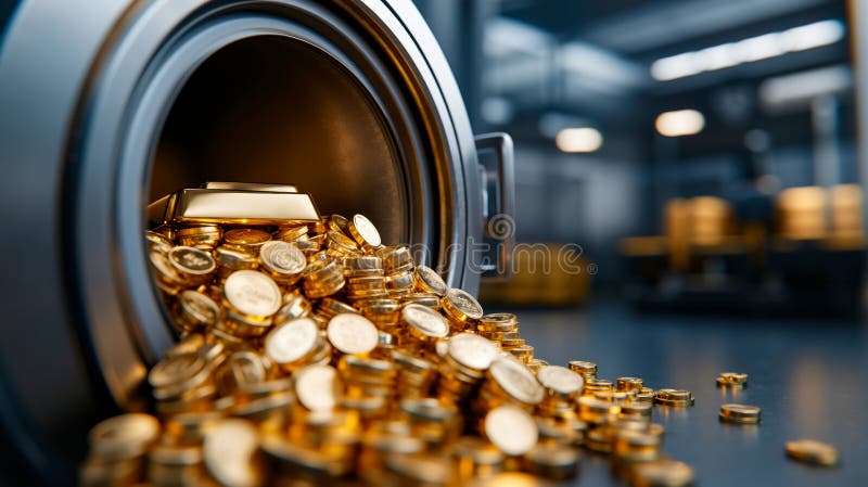 A Pile of Gold Coins Spilling Out of a Safe Stock Image - Image of ...
