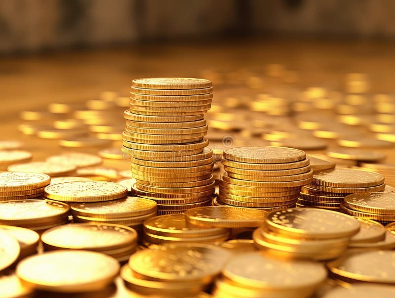Pile of Gold Coins on Top of Wooden Table. There are Several Rows of ...
