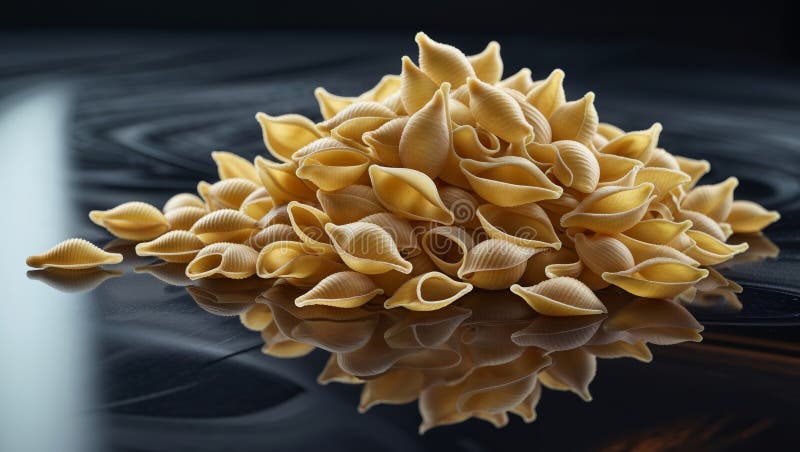 Pile of Golden Shell Shaped Pasta on a Dark Surface Stock Photo - Image ...