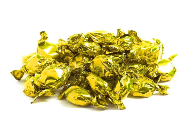 Pile of Golden Wrapped Candy Isolated on a White Background Stock Photo ...