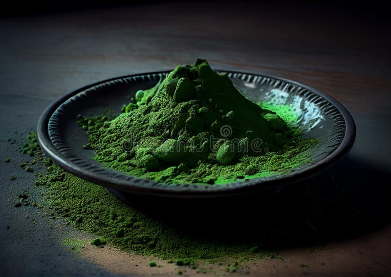 Pile of Green Matcha Tea Powder in a Flat Plate on the Table. Loose ...
