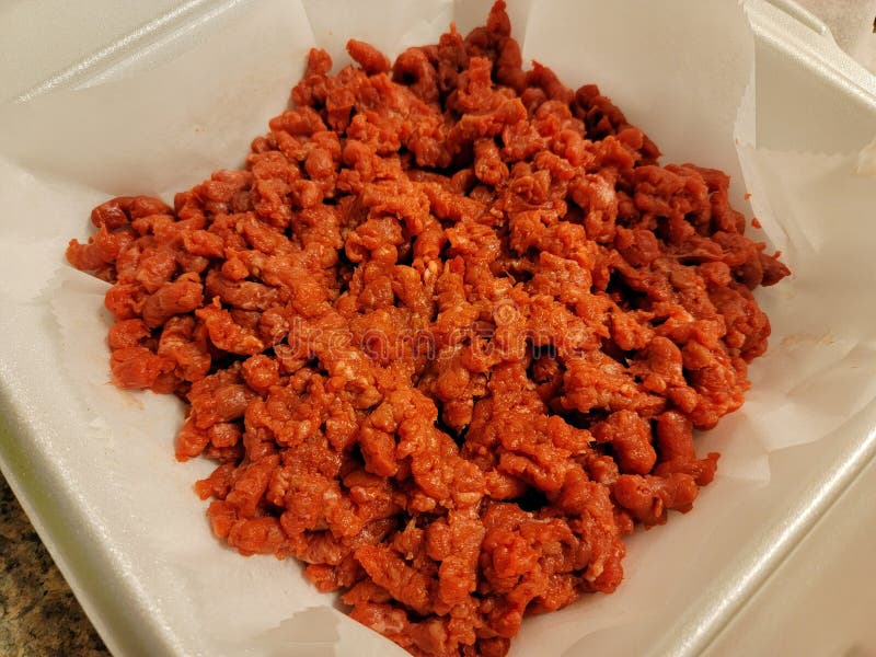 Pile of Ground Raw Red Beef Meat in Foam Container Stock Photo - Image ...