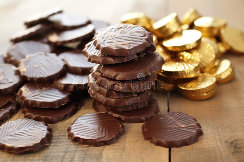 A Pile of Hanukkah Gelt Chocolate Coins on a Light Wood Surface Stock ...