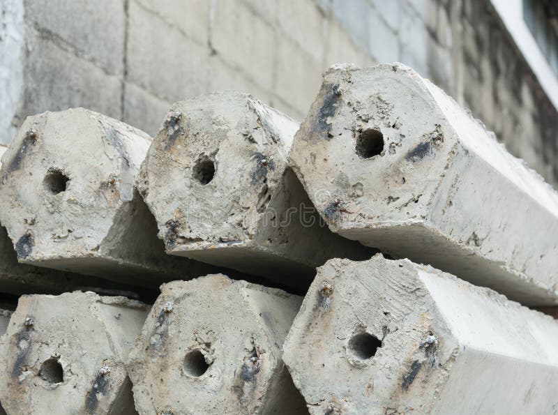 Pile of Hexagon Concrete Foundation Piles. Stock Photo - Image of ...