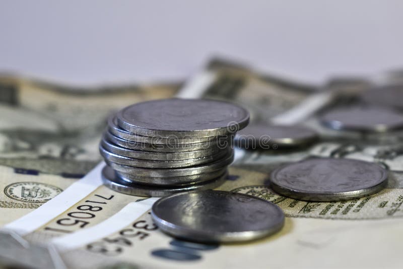 Pile of Indian 500 Rupees Currency Notes and Coins. Selective Focus ...