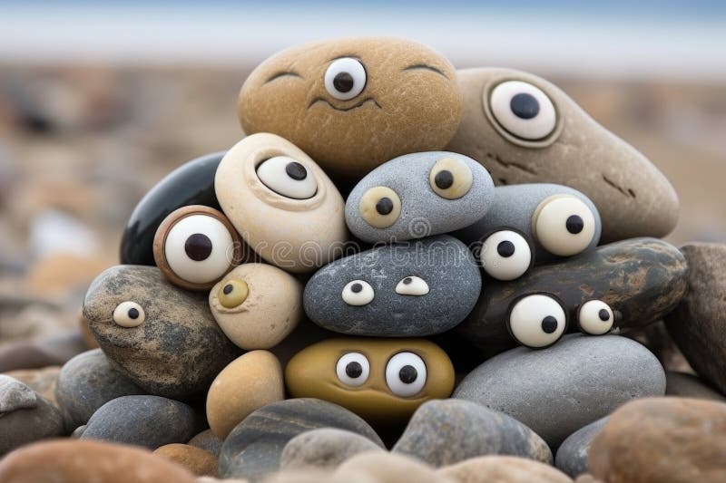 A Pile of Interesting Rocks with Googly Eyes on a Sandy Beach Stock ...