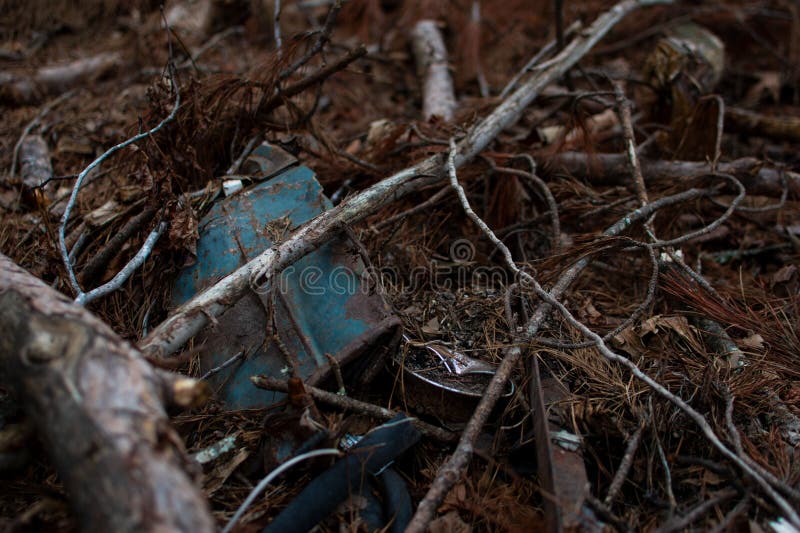 Pile of Junk Lying on the Ground in the Woods Stock Image - Image of ...