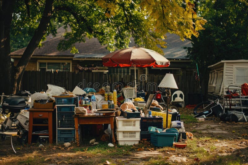 A Pile of Junk Sitting in a Yard Next To a Tree. Suitable for Depicting ...