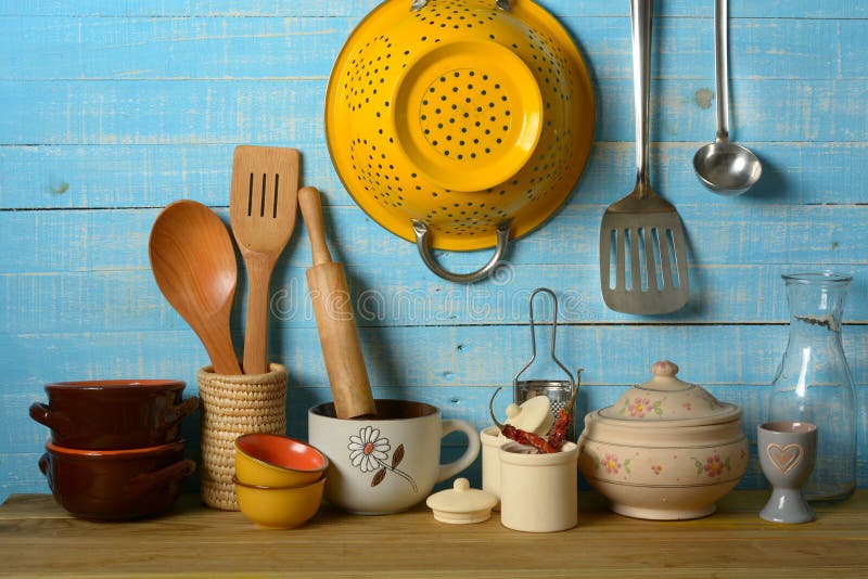 Pile of Kitchen Utensils on Light Blue Background - Horizontal Stock ...