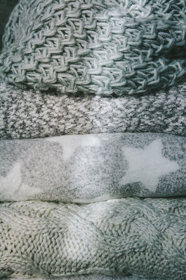 Pile of Knitted Winter Blue Clothes Sweaters, Knitwear, Close-up Stock ...
