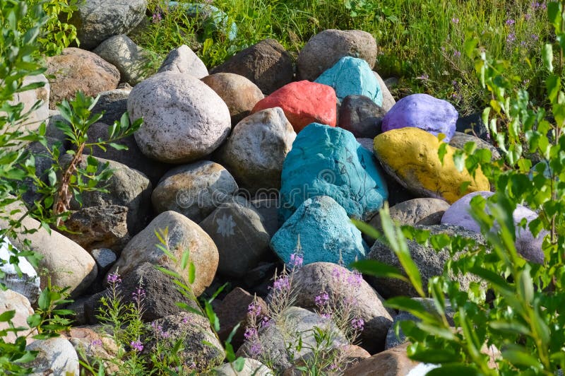 A Pile of Large Multi-colored Cobblestones Lying on the Ground Stock ...