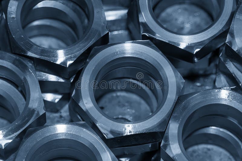 The Pile of Large Size Hexagon Nut Parts in the Light Blue Scene Stock ...