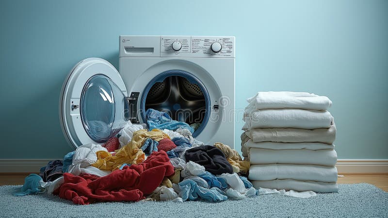 Pile of Laundry in Front of a Washing Machine with a Stack of Folded ...